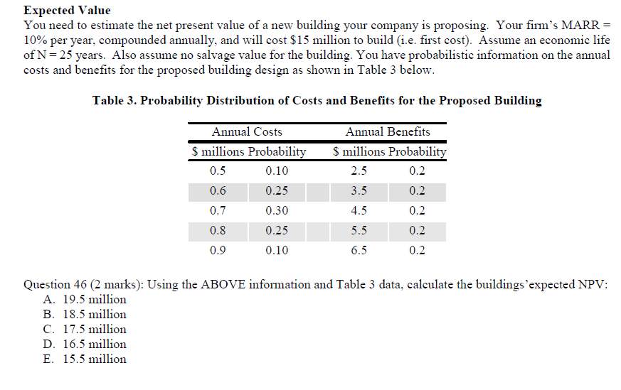 Solved Expected Value You need to estimate the net present | Chegg.com