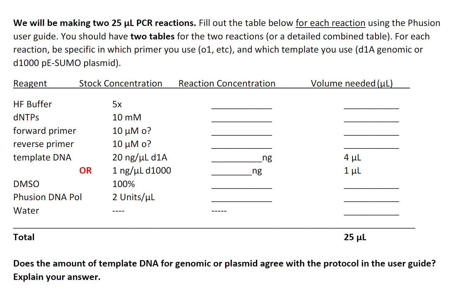 We will be making two 25 ul PCR reactions. Fill out | Chegg.com
