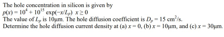 Solved The hole concentration in silicon is given by p(x) = | Chegg.com