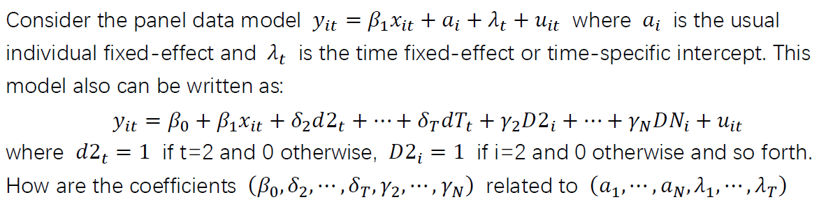 Consider the panel data model Yit = B1Xit + dị + 1x + | Chegg.com