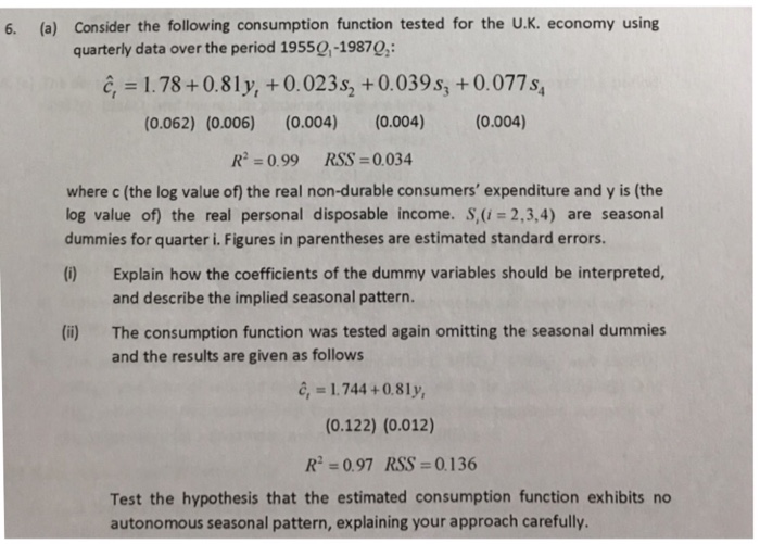 6. (a) Consider the following consumption function | Chegg.com