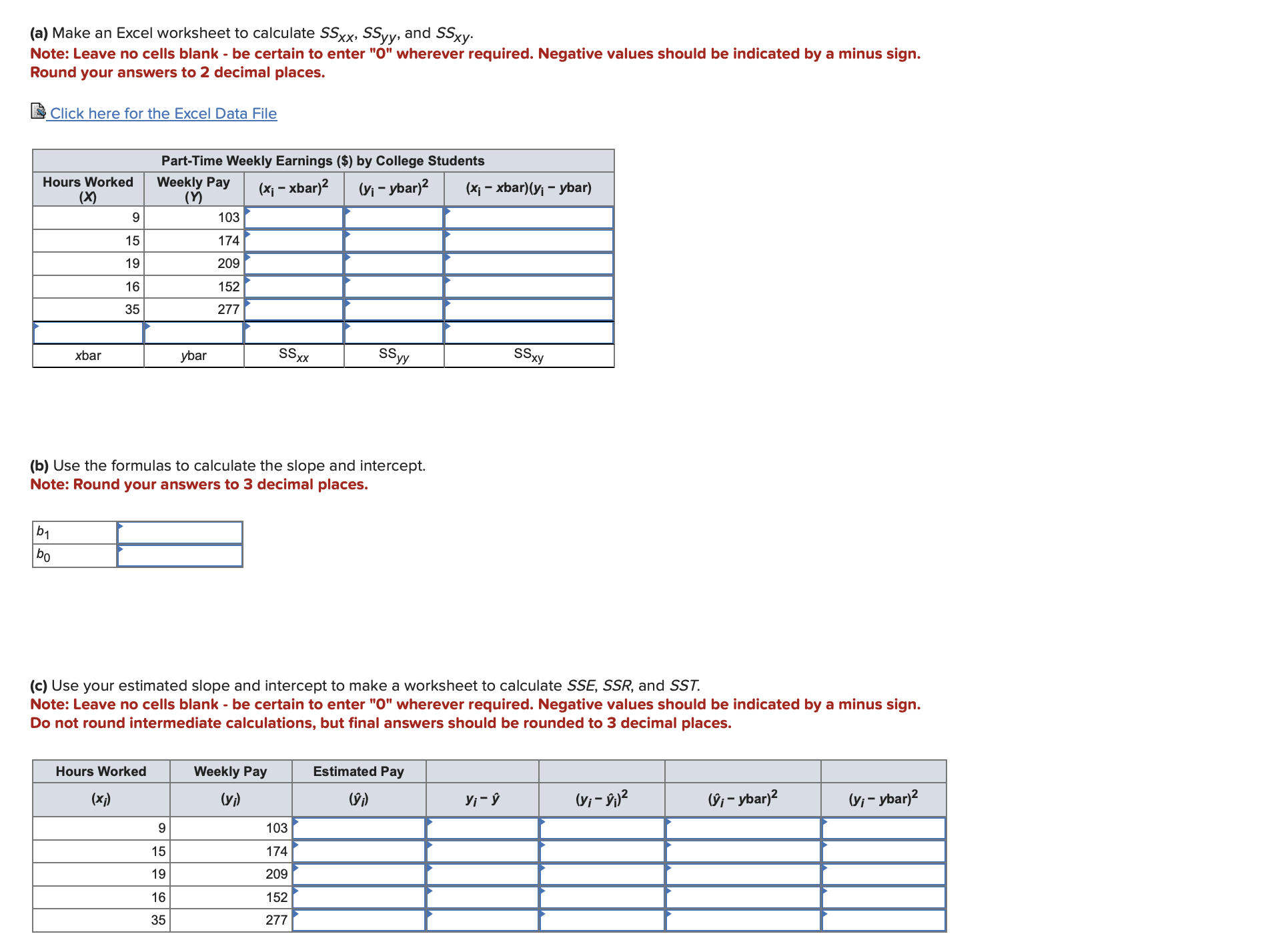 Solved (a) ﻿Make an Excel worksheet to calculate SS×,SSyy, | Chegg.com