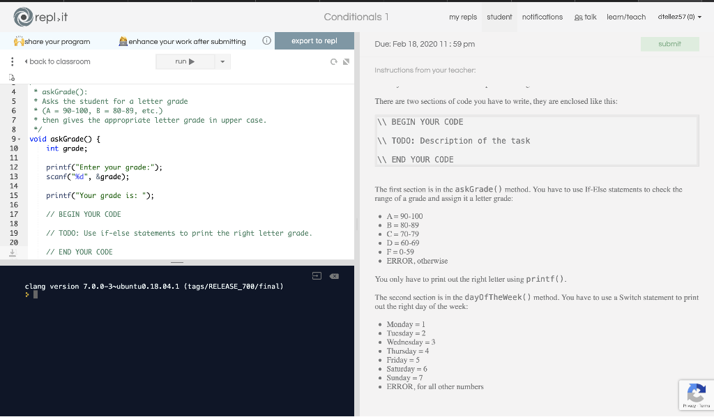 Solved replit Conditionals 1 my repls student notifications | Chegg.com