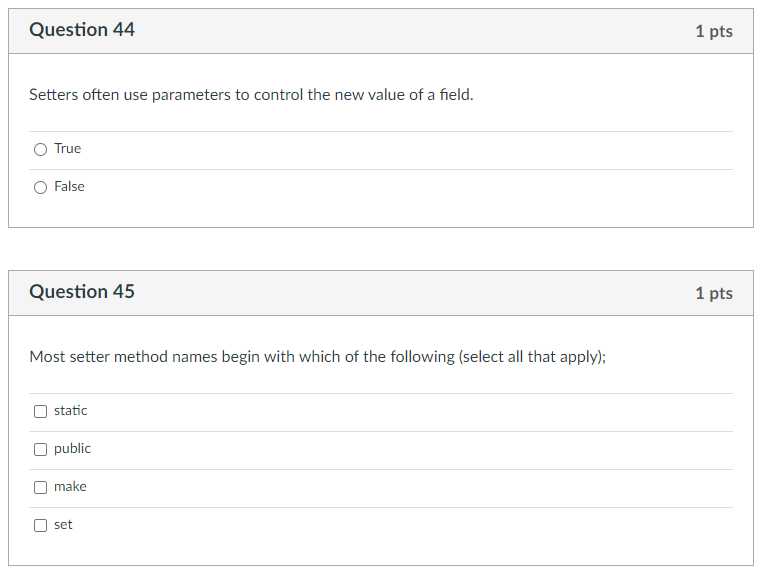 Solved Question 44 1 pts Setters often use parameters to | Chegg.com