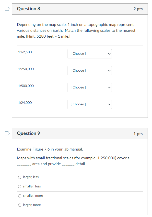 Solved Question 8 2 pts Depending on the map scale, 1 inch | Chegg.com