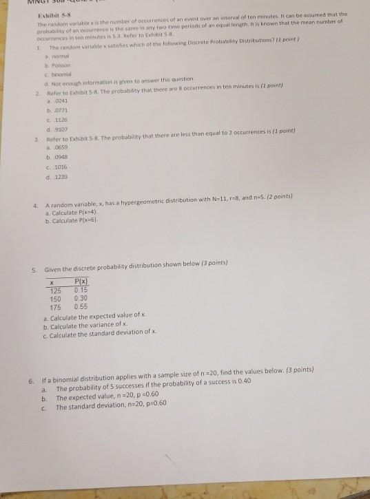 Solved Exhibit 5-8 The random variable x is the number of | Chegg.com