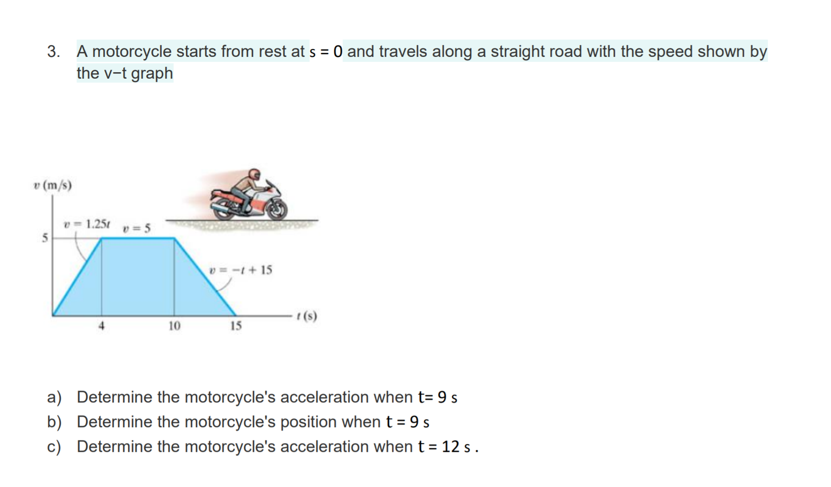 Solved = 3. A motorcycle starts from rest at s = 0 and | Chegg.com