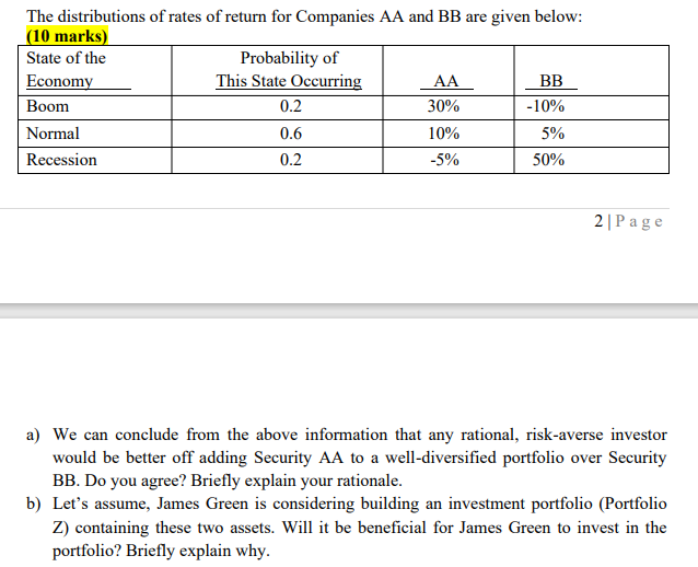 Solved The distributions of rates of return for Companies AA | Chegg.com
