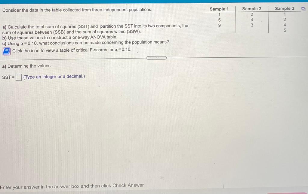 Solved A) Determine the values SST= SSB= SSW= B) complete a | Chegg.com