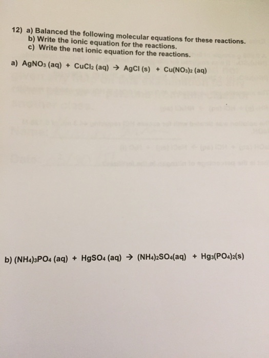 Solved Balanced the following molecular equations for these | Chegg.com