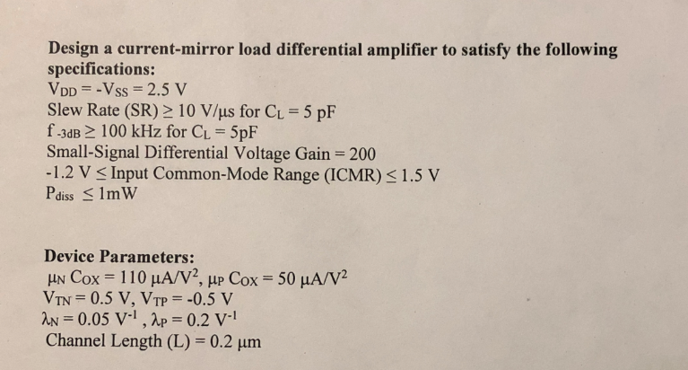 Design a current-mirror load differential amplifier | Chegg.com