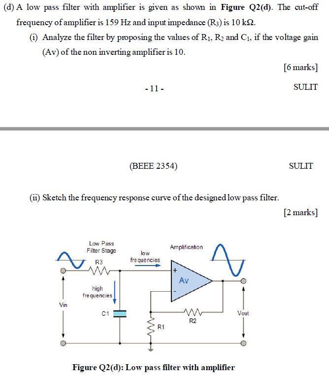 Solved (d) A low pass filter with amplifier is given as | Chegg.com