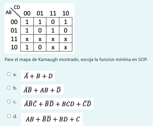 [Solved]: Para el mapa de Karnaugh mostrado, escoja la funci