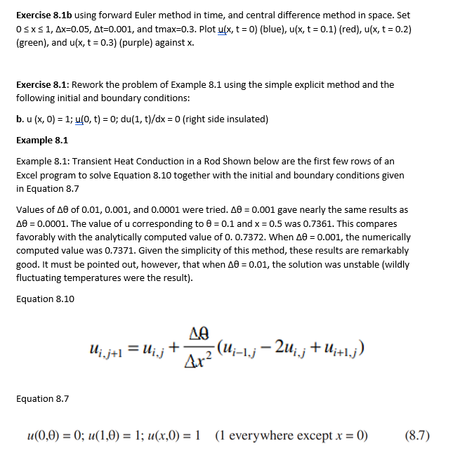 Exercise 8.1b using forward Euler method in time, and | Chegg.com