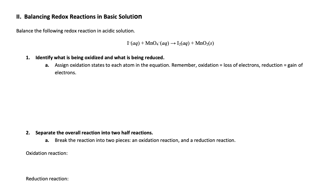 Solved II. Balancing Redox Reactions in Basic Solution | Chegg.com