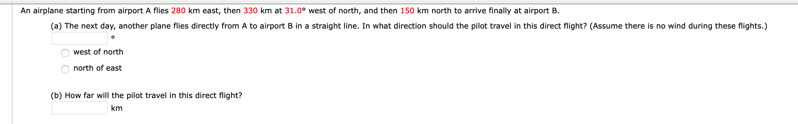 Solved An airplane starting from airport A flies 280 km | Chegg.com