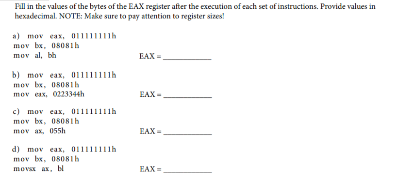 Solved Fill in the values of the bytes of the EAX register | Chegg.com
