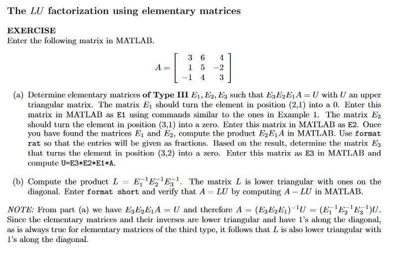 Solved The LU factorization using elementary matrices | Chegg.com