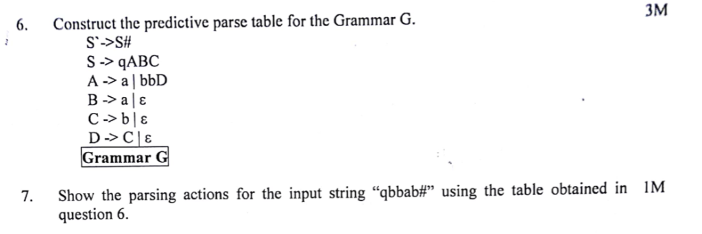 Solved 3M 6. Construct the predictive parse table for the | Chegg.com
