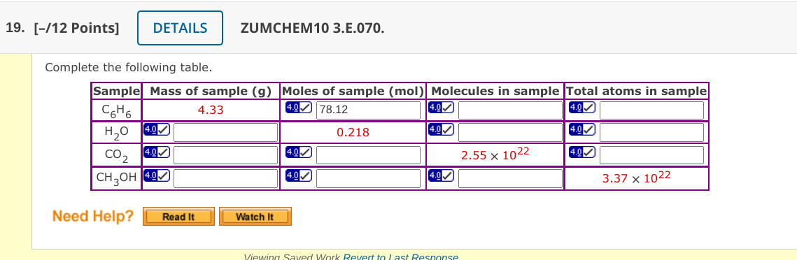 Solved 19. [-/12 Points] ZUMCHEM10 3.E.070. Complete the | Chegg.com