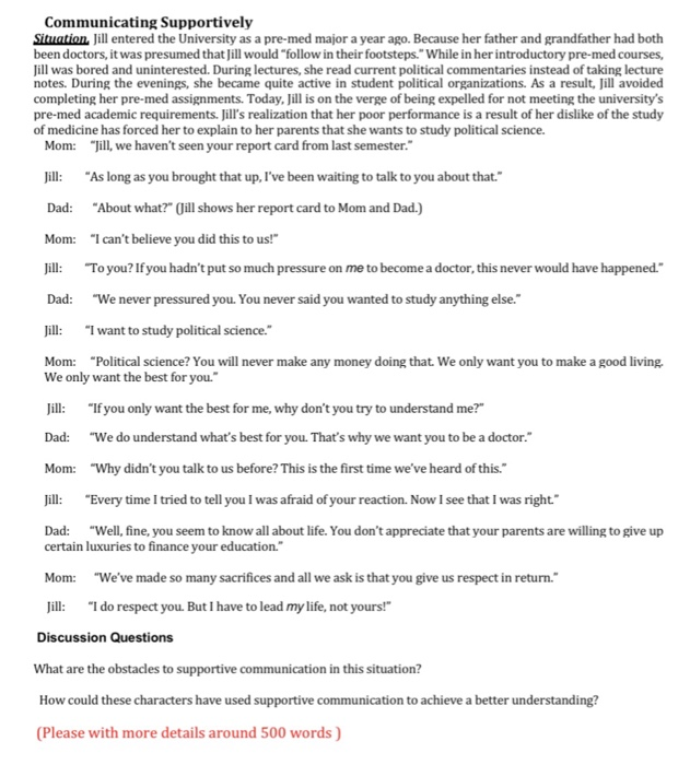 Communicating Supportively Sitmation, Jill entered | Chegg.com