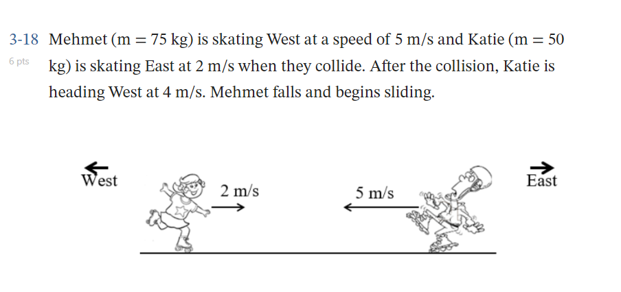 Solved -18 Mehmet (m=75 kg) is skating West at a speed of 5 | Chegg.com