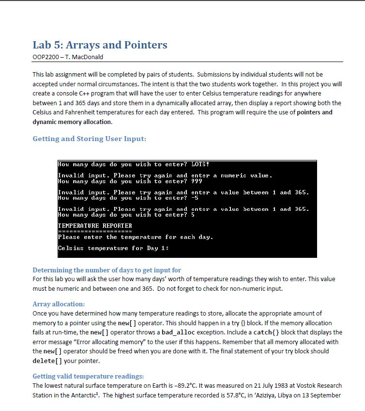 Solved Lab 5: Arrays and Pointers OOP2200 - T. MacDonald | Chegg.com