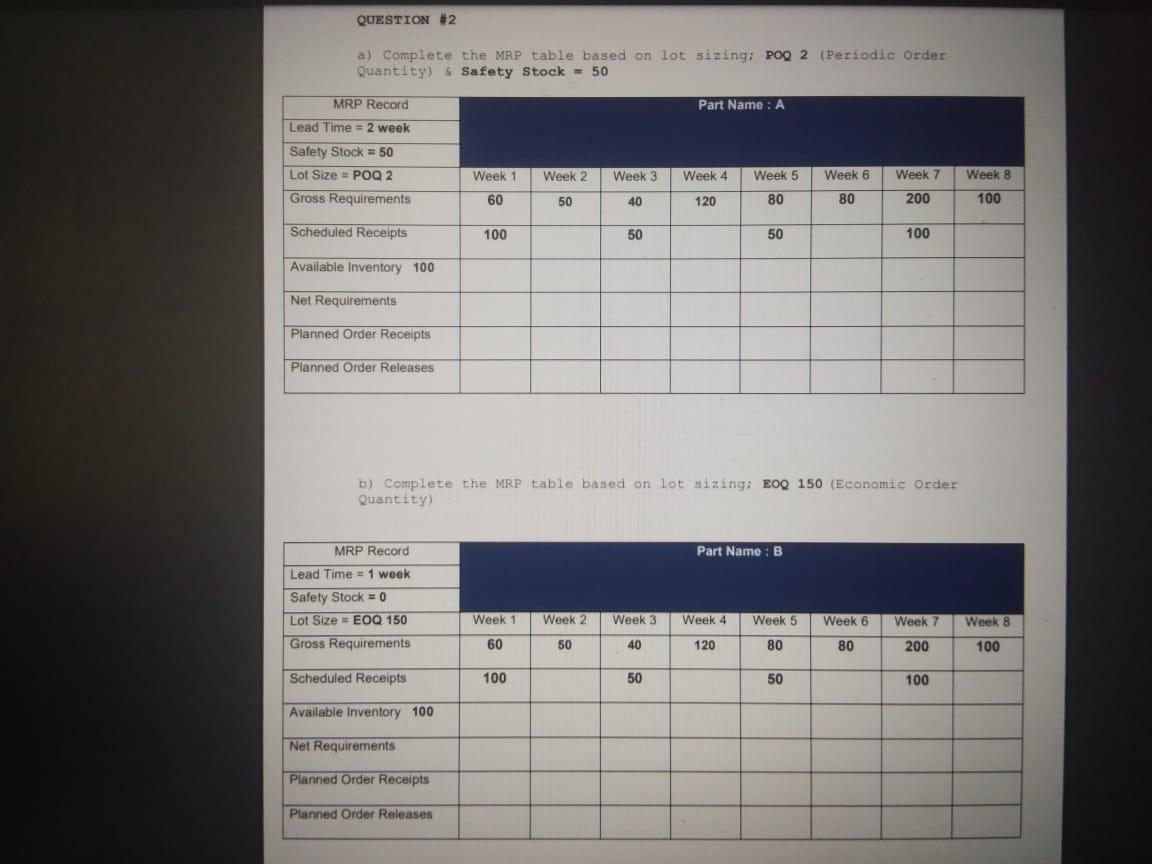 Solved QUESTION #2 a) Complete the MRP table based on lot | Chegg.com