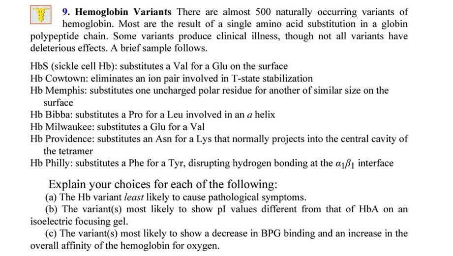 Solved 9 Hemoglobin Variants There Are Almost 500 Naturally