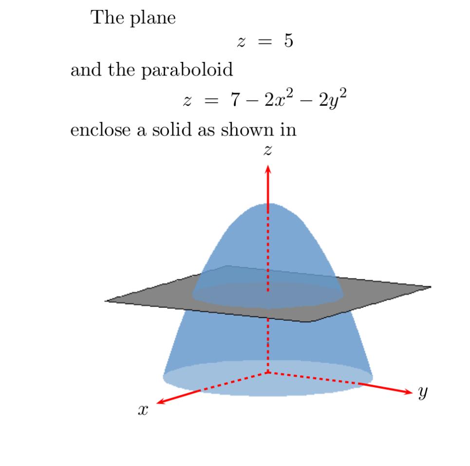 Solved The plane z=5 and the paraboloid z=7−2x2−2y2 enclose | Chegg.com