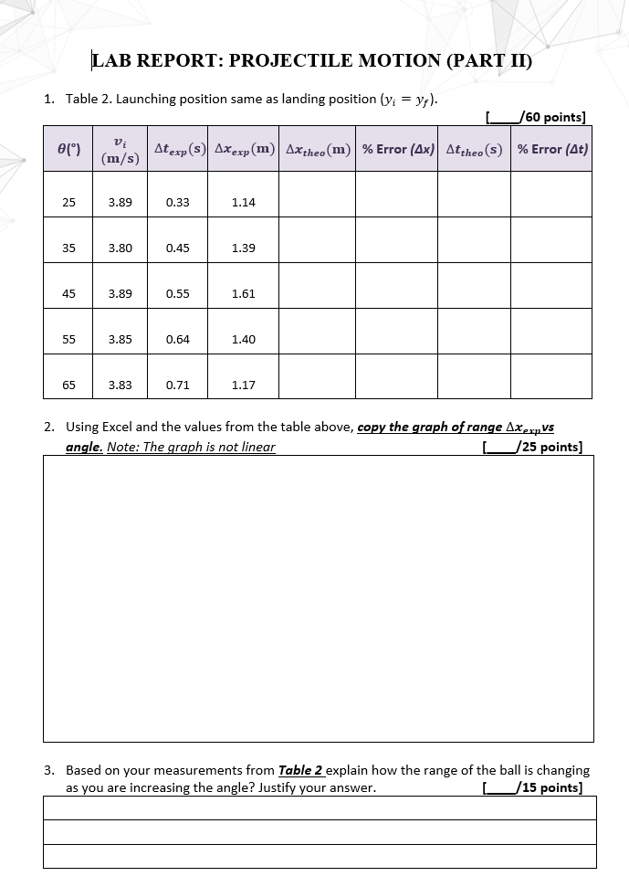 Solved LAB REPORT: PROJECTILE MOTION (PART II) 1. Table 2. | Chegg.com
