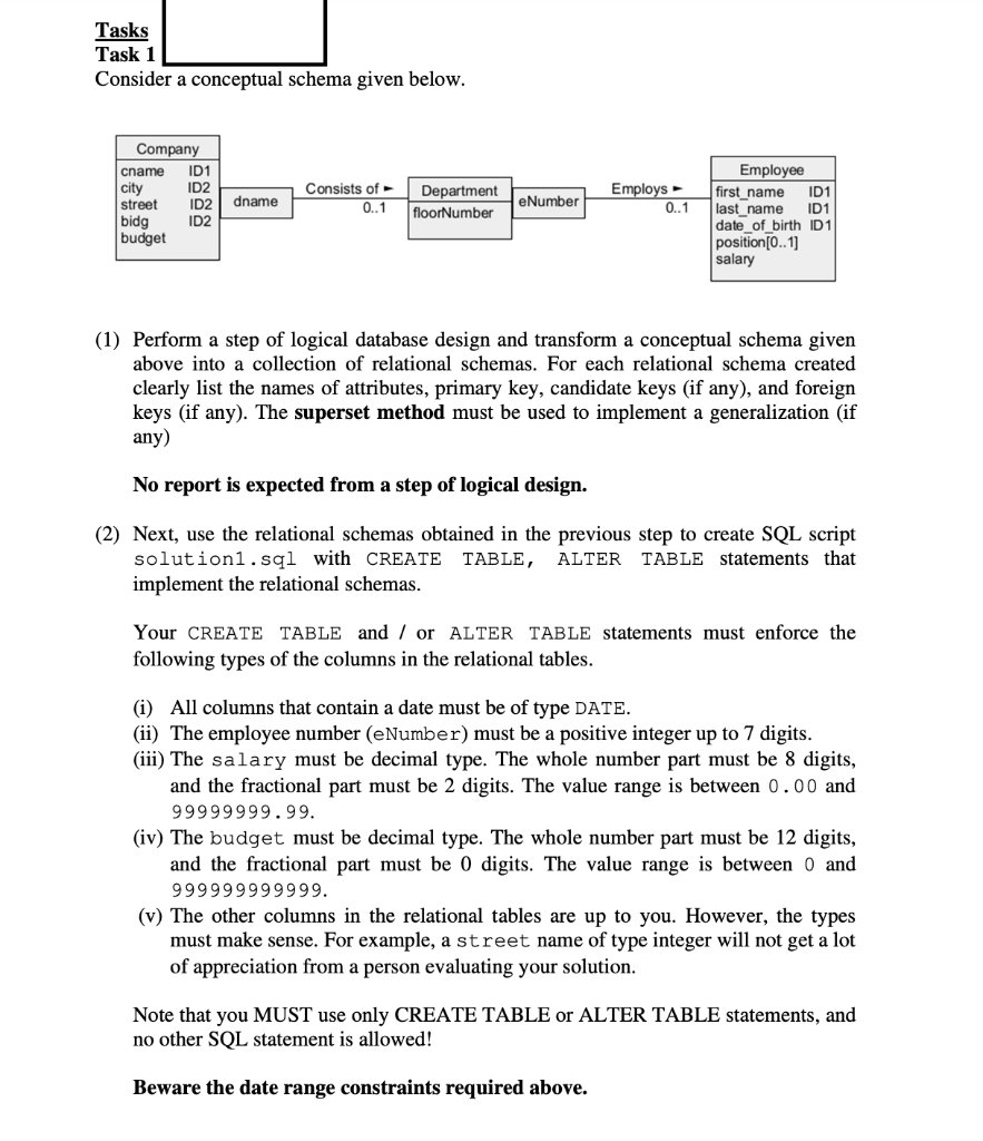 Solved Tasks Task 1 Consider a conceptual schema given | Chegg.com