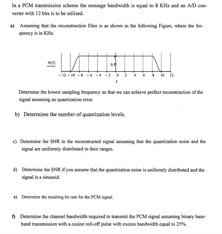 In a PCM transmission scheme the message bandwidth is | Chegg.com