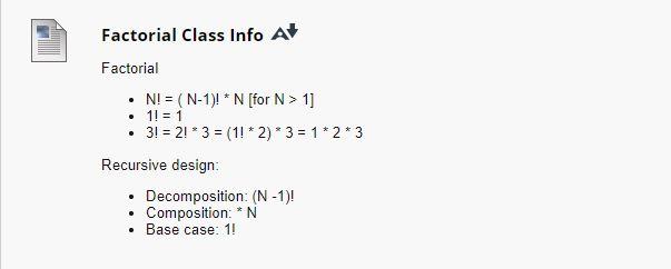 Solved Factorial Class Info A Factorial - N!=(N−1)!⋆N [for | Chegg.com