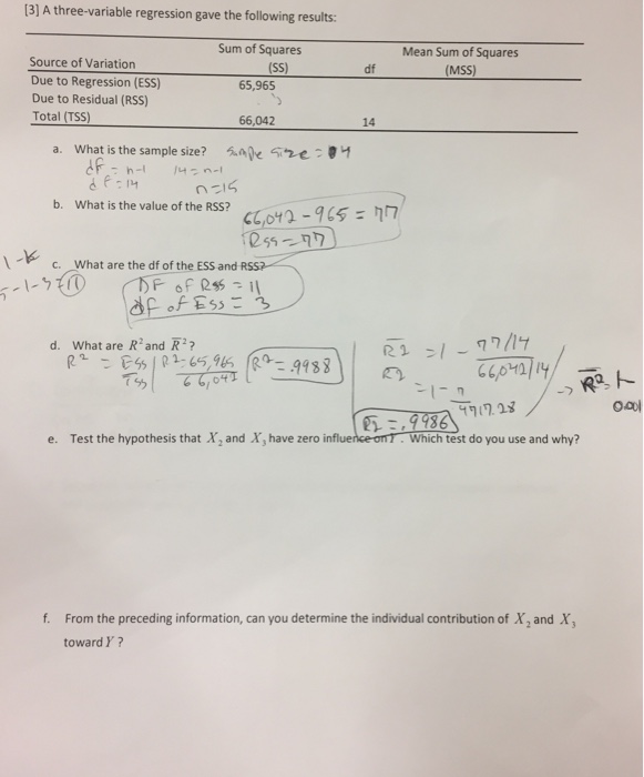 Solved [3] A three-variable regression gave the following | Chegg.com