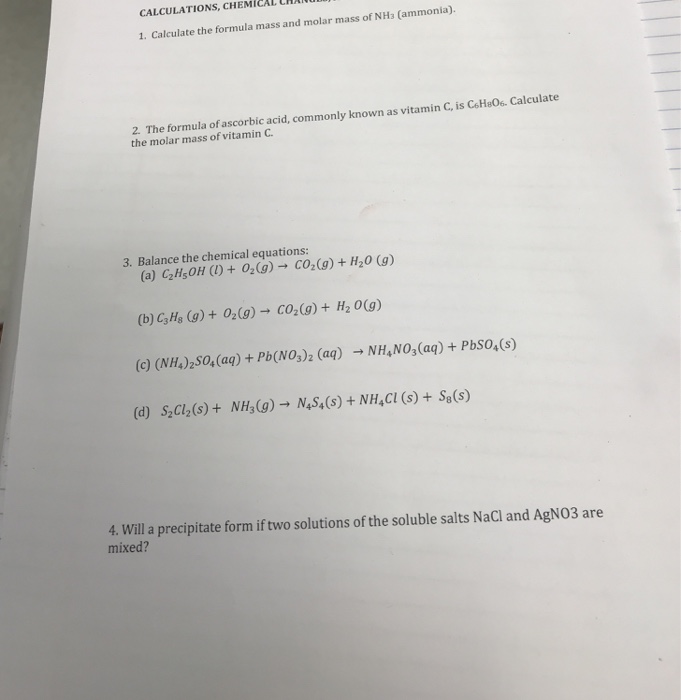 Solved CALCULATIONS, CHEMICAL CHA 1. Calculate the formula | Chegg.com