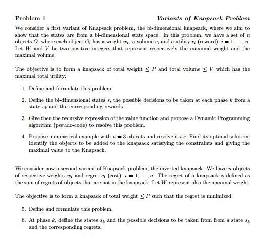 Problem 1 Variants of Knapsack Problem We consider a | Chegg.com
