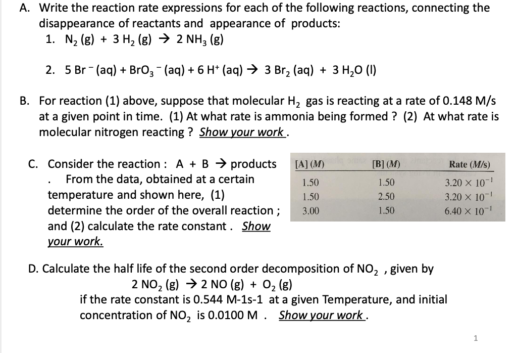 Solved A. Write the reaction rate expressions for each of | Chegg.com