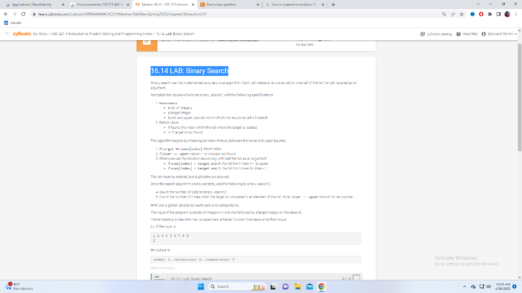 Solved 16.14 LAB: Binary Search arg-ment Complate the | Chegg.com