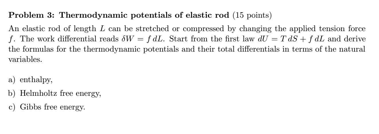 Solved Problem 3: Thermodynamic potentials of elastic rod | Chegg.com