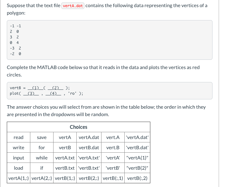 Solved Suppose that the text file vertA.dat contains the | Chegg.com