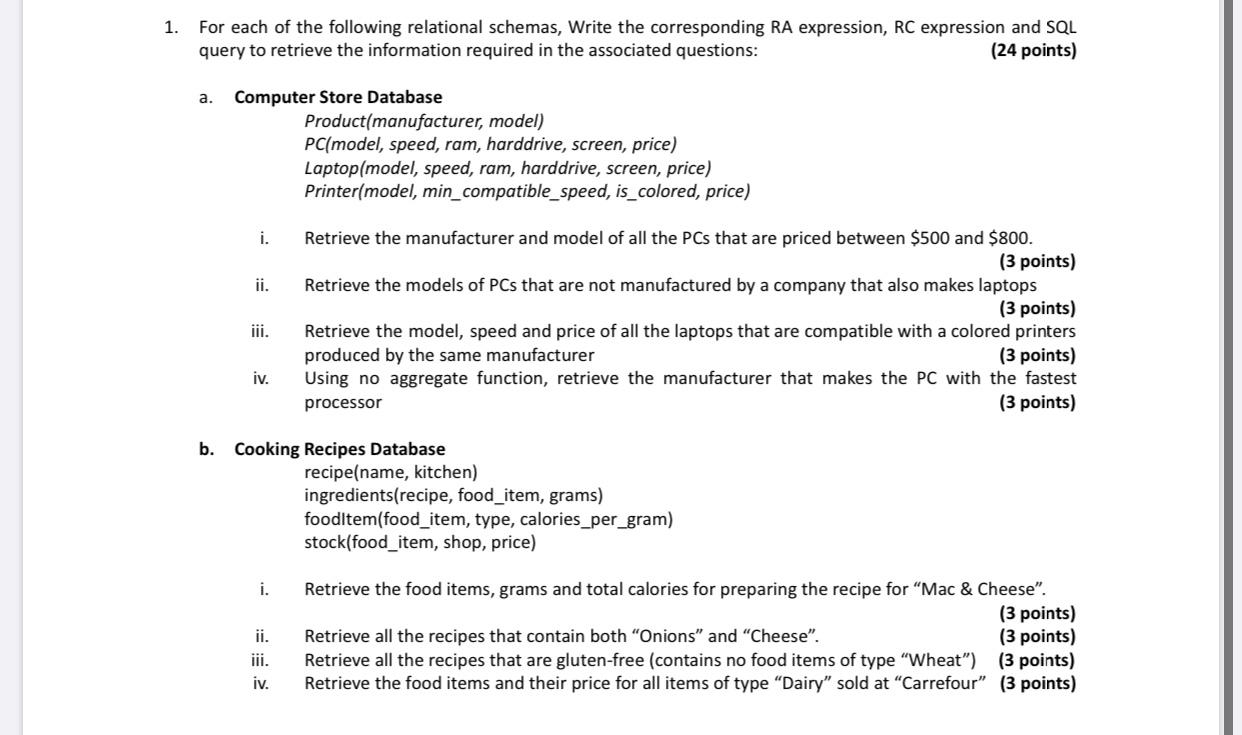 Solved 1. For each of the following relational schemas, | Chegg.com
