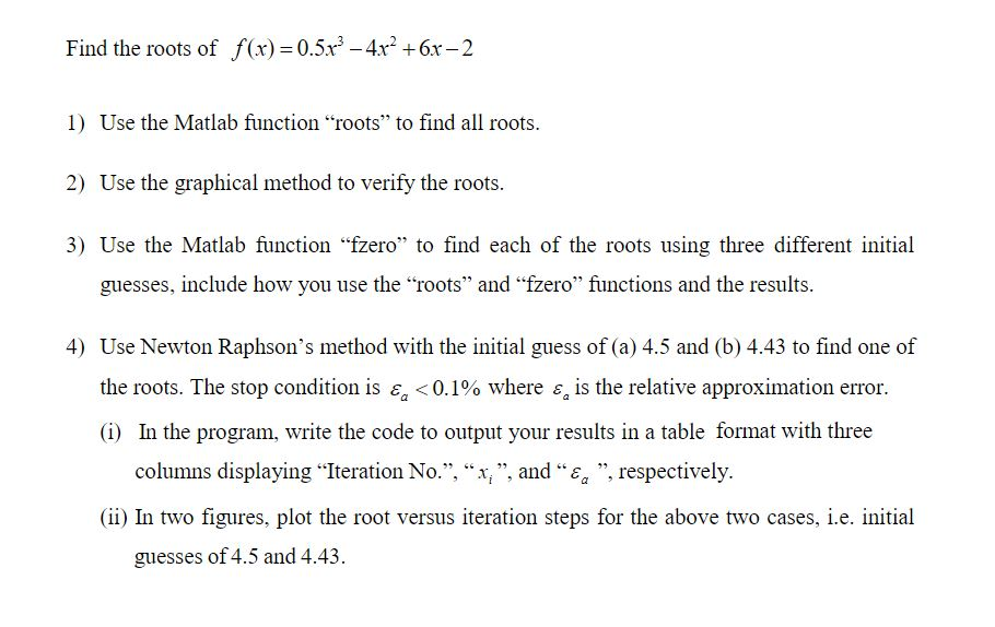 Solved Find the roots of f(x)=0.5x - 4x2 +6x – 2 1) Use the | Chegg.com