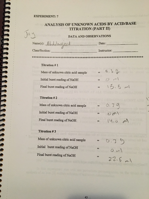 Solved EXPERIMENT: 7 ANALYSIS OF UNKNOWN ACIDS BY ACID/BASE | Chegg.com