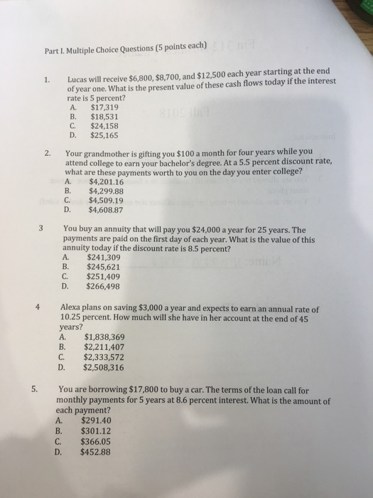 Solved Part I. Multiple Choice Questions (5 points each) of | Chegg.com