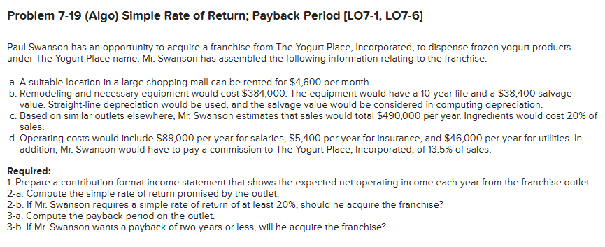 Solved Problem 7-19 (Algo) Simple Rate of Return; Payback | Chegg.com