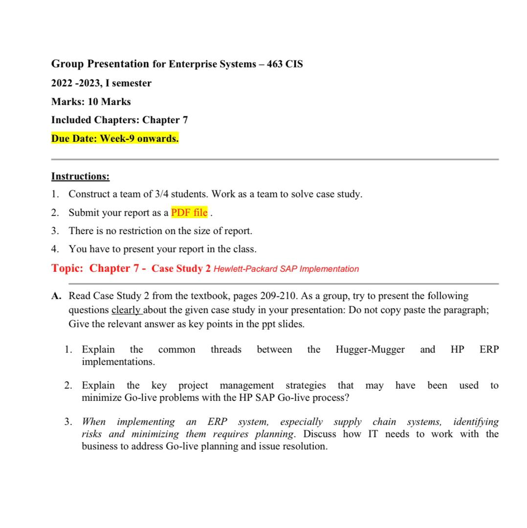 Solved Group Presentation for Enterprise Systems - 463 | Chegg.com