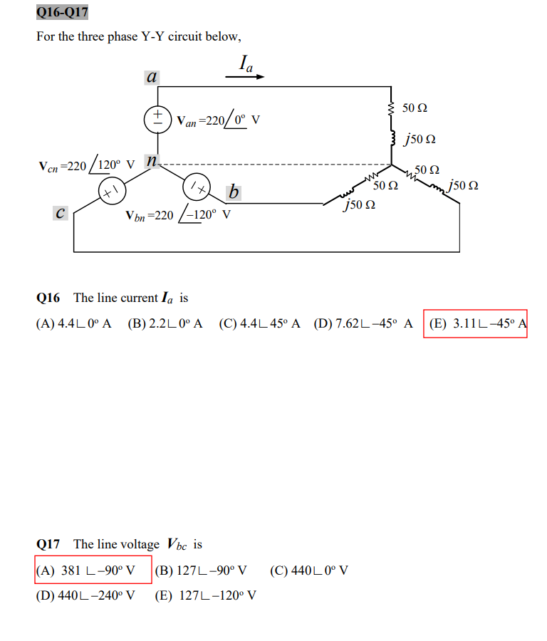 Solved For the three phase Y-Y circuit below, Q16 The line | Chegg.com