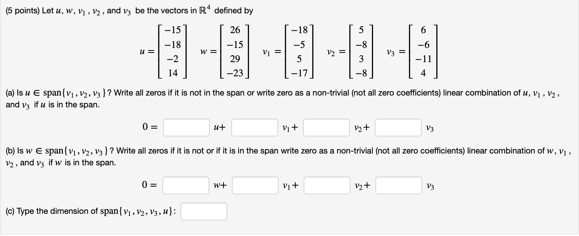 Solved (5 points) Let u, w, V1, V2 , and v3 be the vectors | Chegg.com