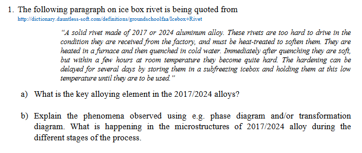 Solved a 1. The following paragraph on ice box rivet is | Chegg.com